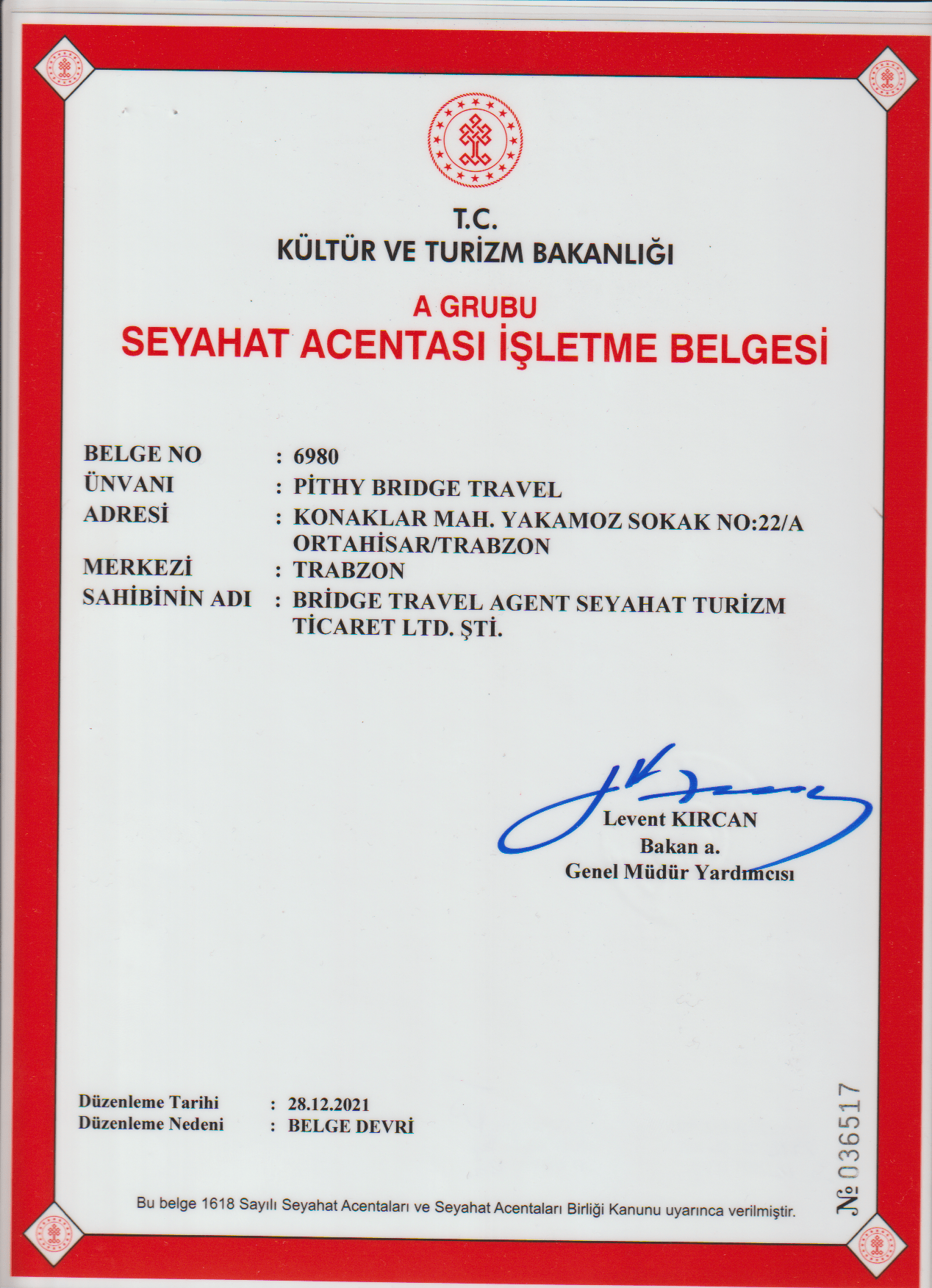 TURSAB Belge - Bridge Travel Turkey